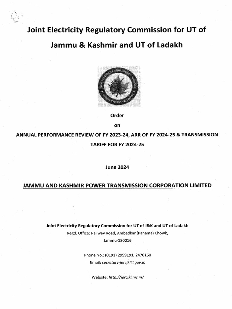 Tariff Order For FY 2024-25 of Jammu and Kashmir Power Transmission ...