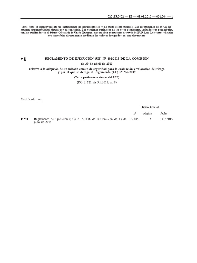 REGLAMENTO 402-2013. Evaluación y Val Riesgo (2015) | PDF | Riesgo | Evaluación