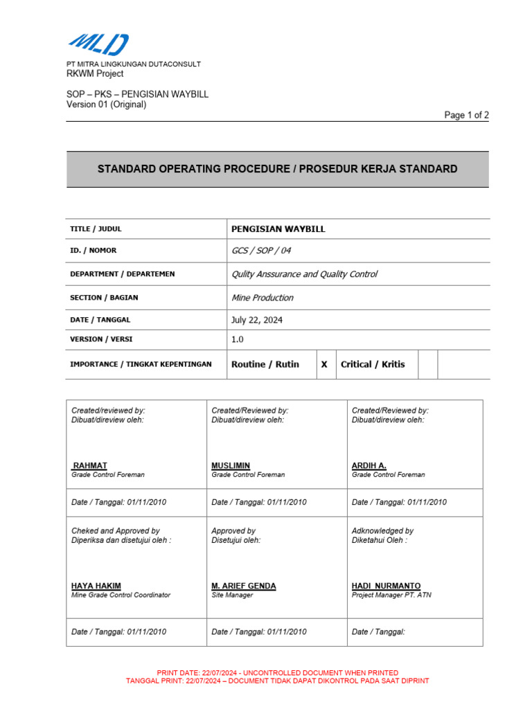 GCS SOP 04 - PKS GCS Pengisian Way Bill | PDF