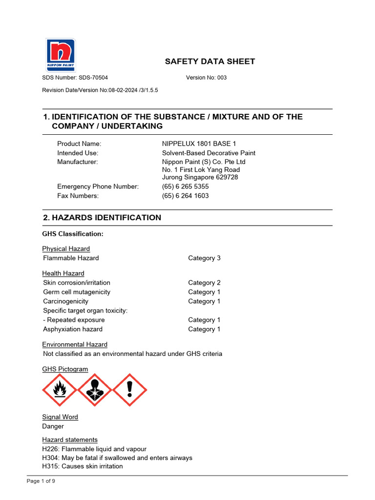 MSDS Wood & Metal Paint Nippon Paint | PDF | Dangerous Goods | Toxicity