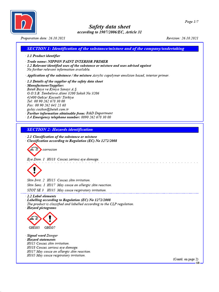 MSDS Wall Paint Nippon Paint | PDF | Dangerous Goods | Toxicity