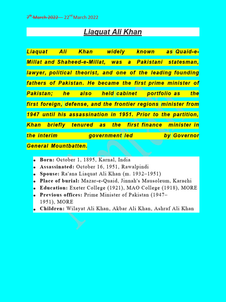 Liaquat Ali Khan: First PM of Pakistan | PDF | Religion & Spirituality