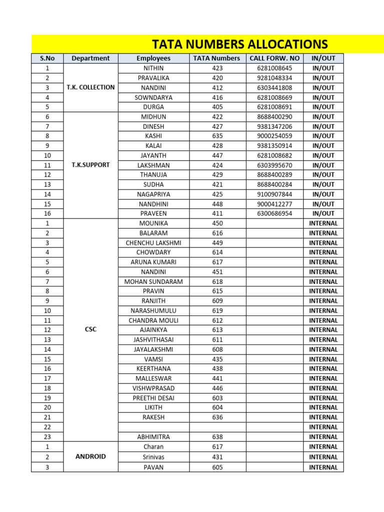 TATA Number Allocation | PDF