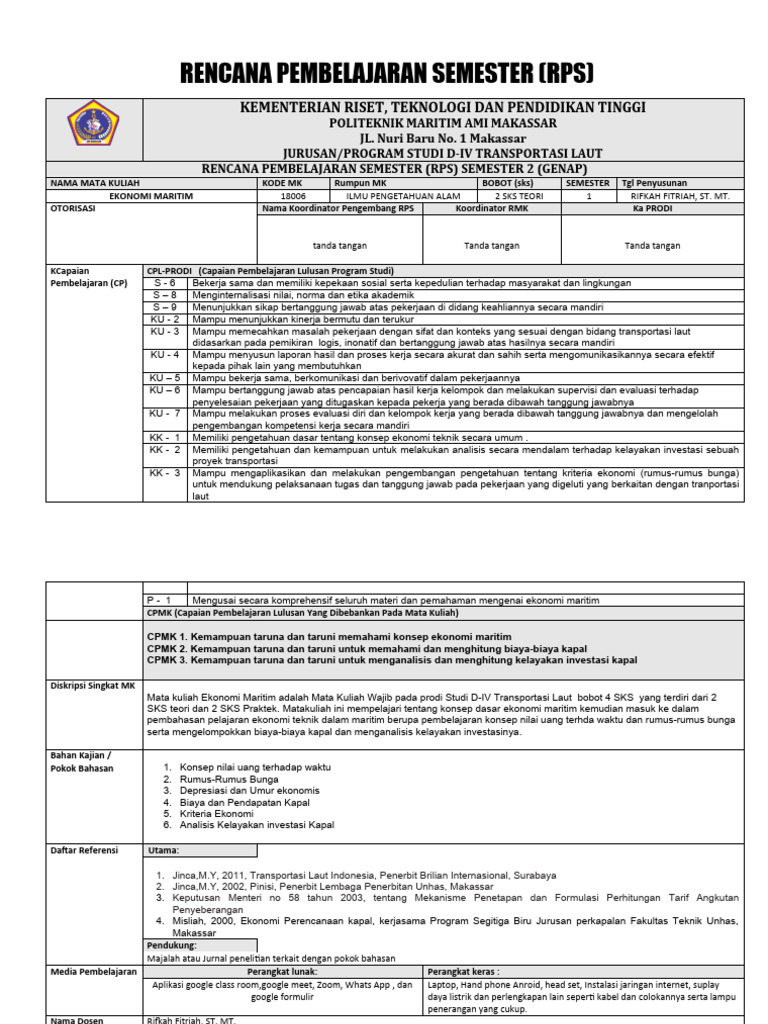 Ekonomi Maritim: RPS Semester 2 | PDF | Sains & Matematika