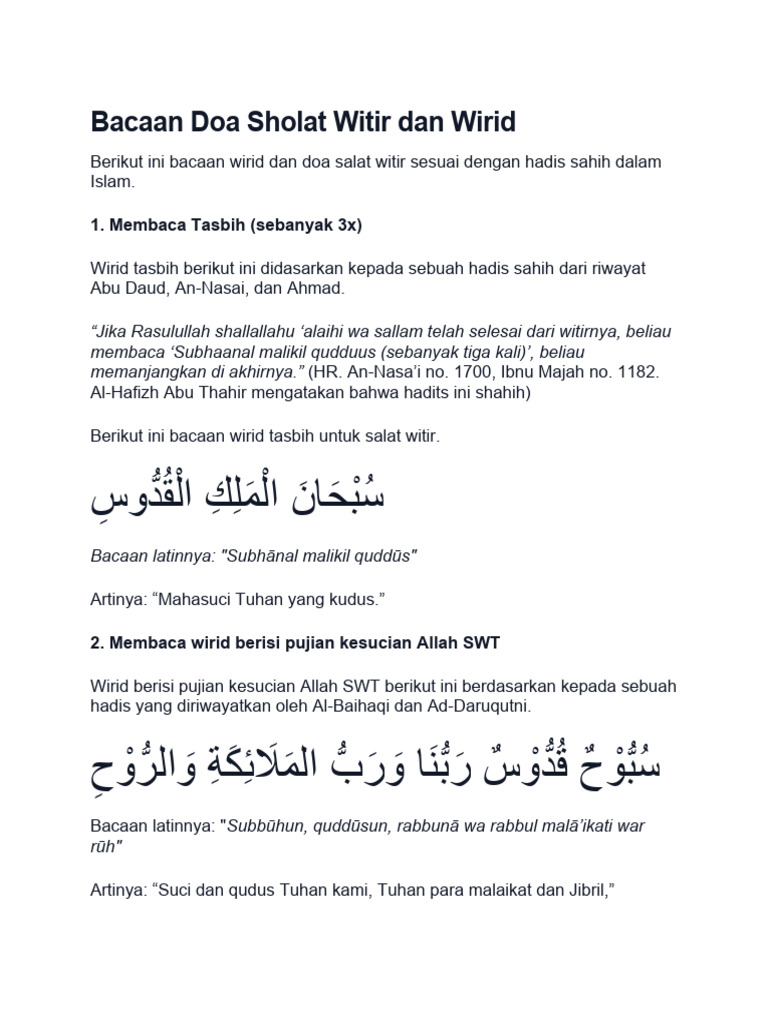 Bacaan Doa Sholat Witir Dan Wirid | PDF