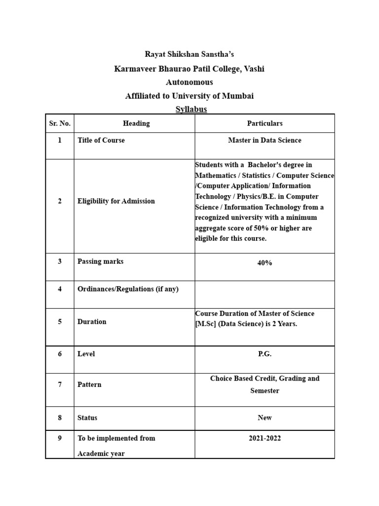 M.Sc Data Science Syllabus 2021 | PDF | Matrix (Mathematics ...