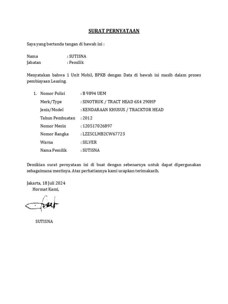 Surat Pernyataan Leasing B 9894 Uem | PDF