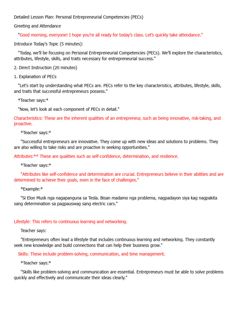 Detailed Lesson Plan | PDF | Entrepreneurship | Creativity