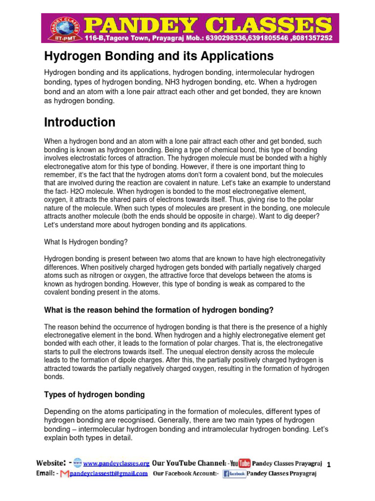 Hydrogen Bonding: Types and Applications | PDF | Chemical Bond ...