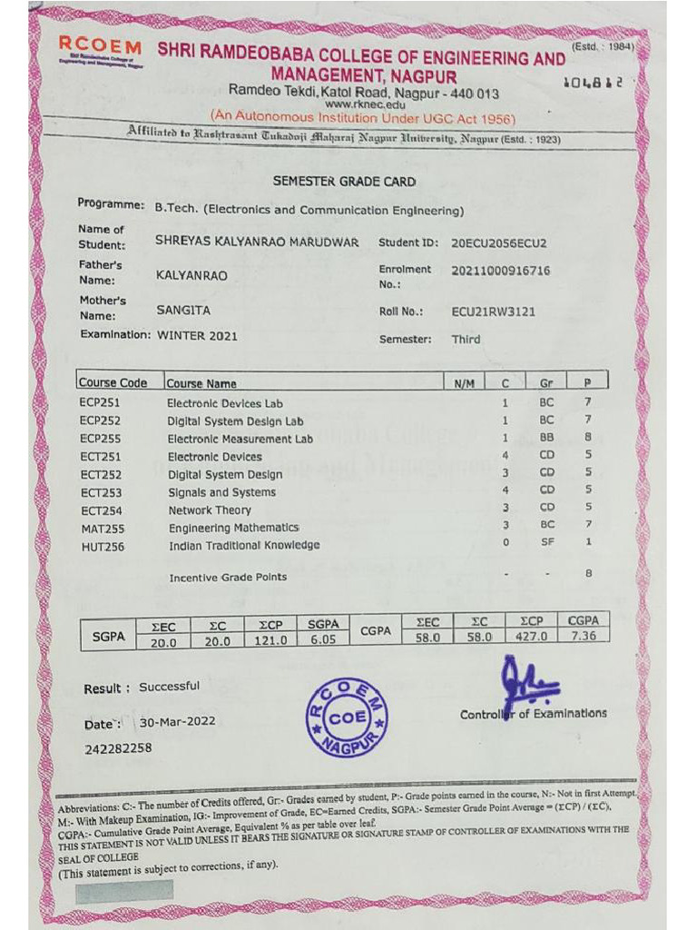 3,4 Sem Marksheet | PDF