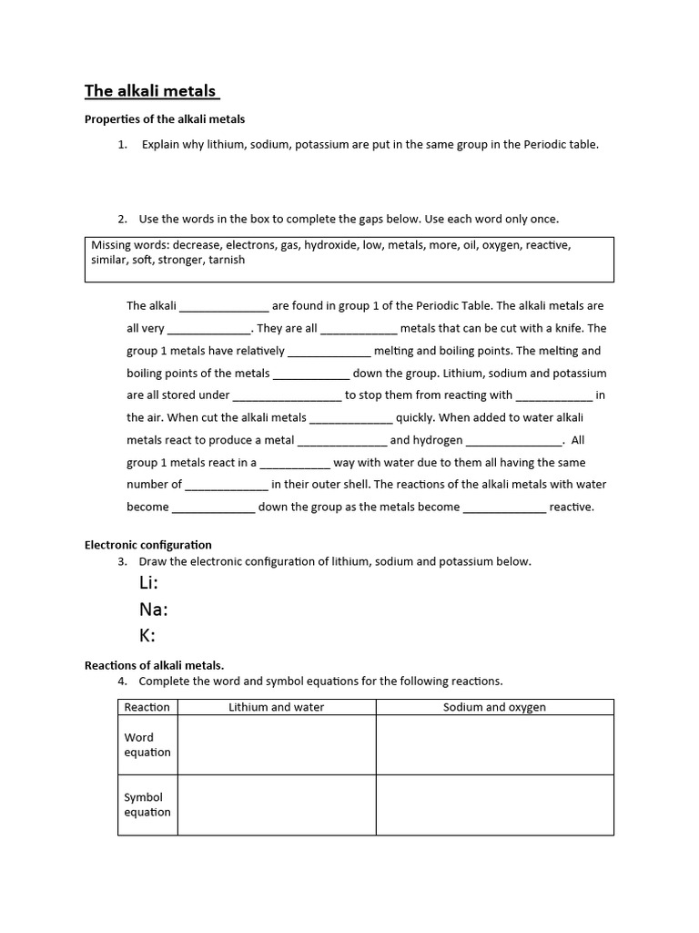 Chem Worksheet 1 Alkali Metals | PDF