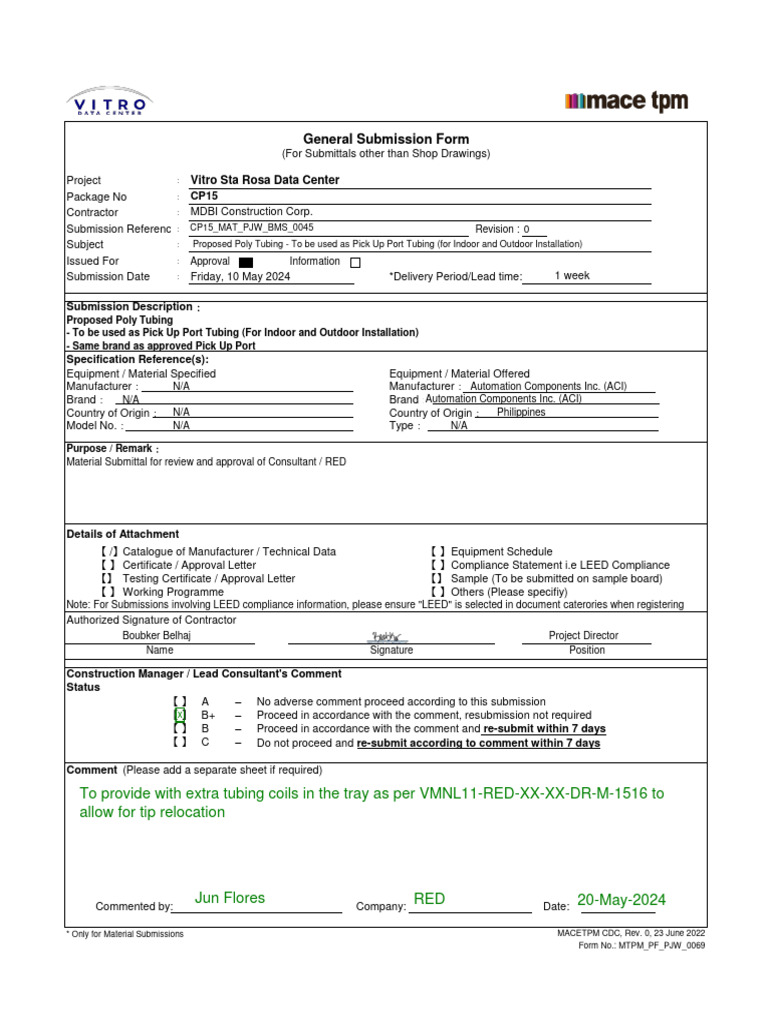 CP15 - MAT - PJW - BMS - 0045 - 0 - RED Reply | PDF | Pipe (Fluid Conveyance)