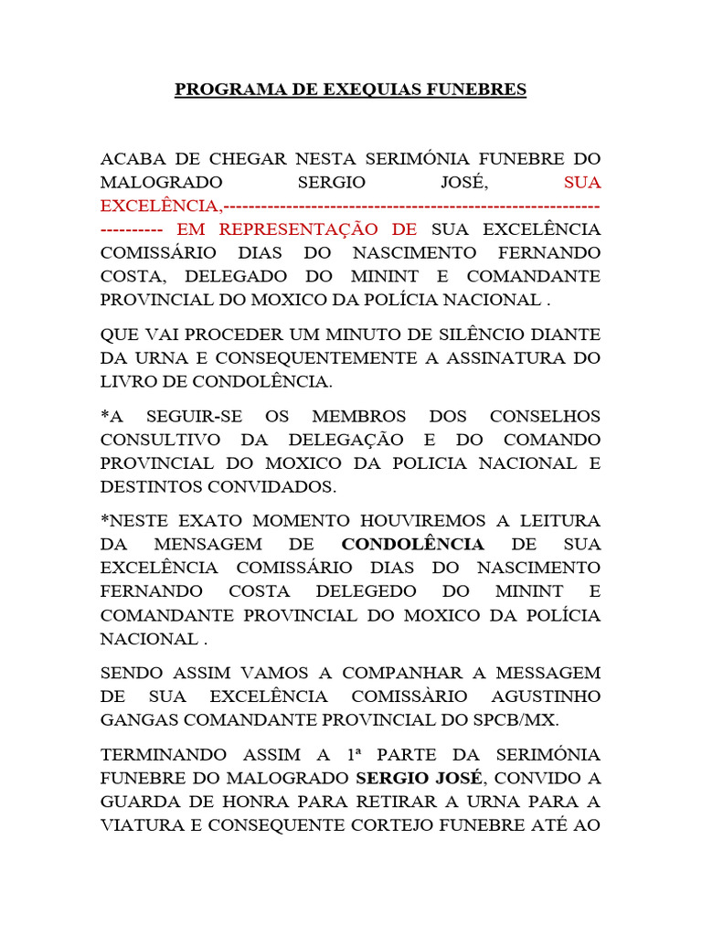 Programa de Exéquias Fúnebres | PDF