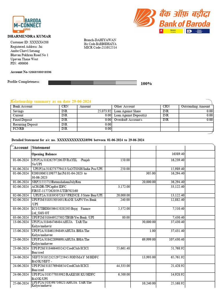 Bank of Baroda Statement | PDF | Banking Technology | Service Industries