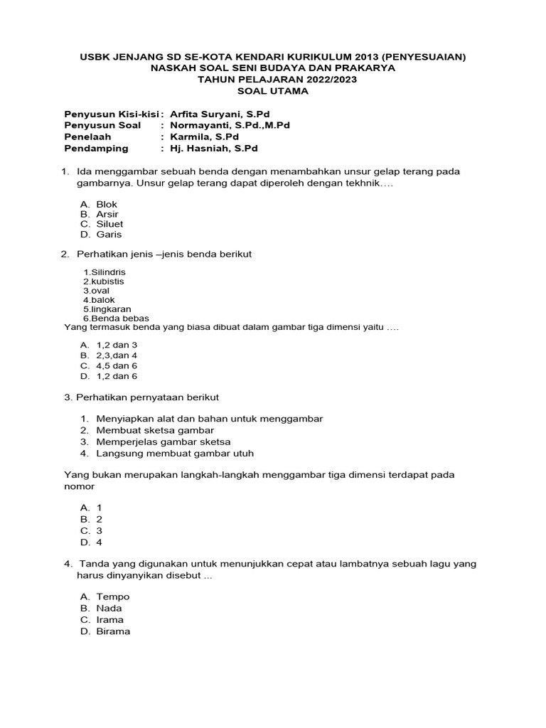 SOAL UTAMA USBD MAPEL SBDP 2023 | PDF