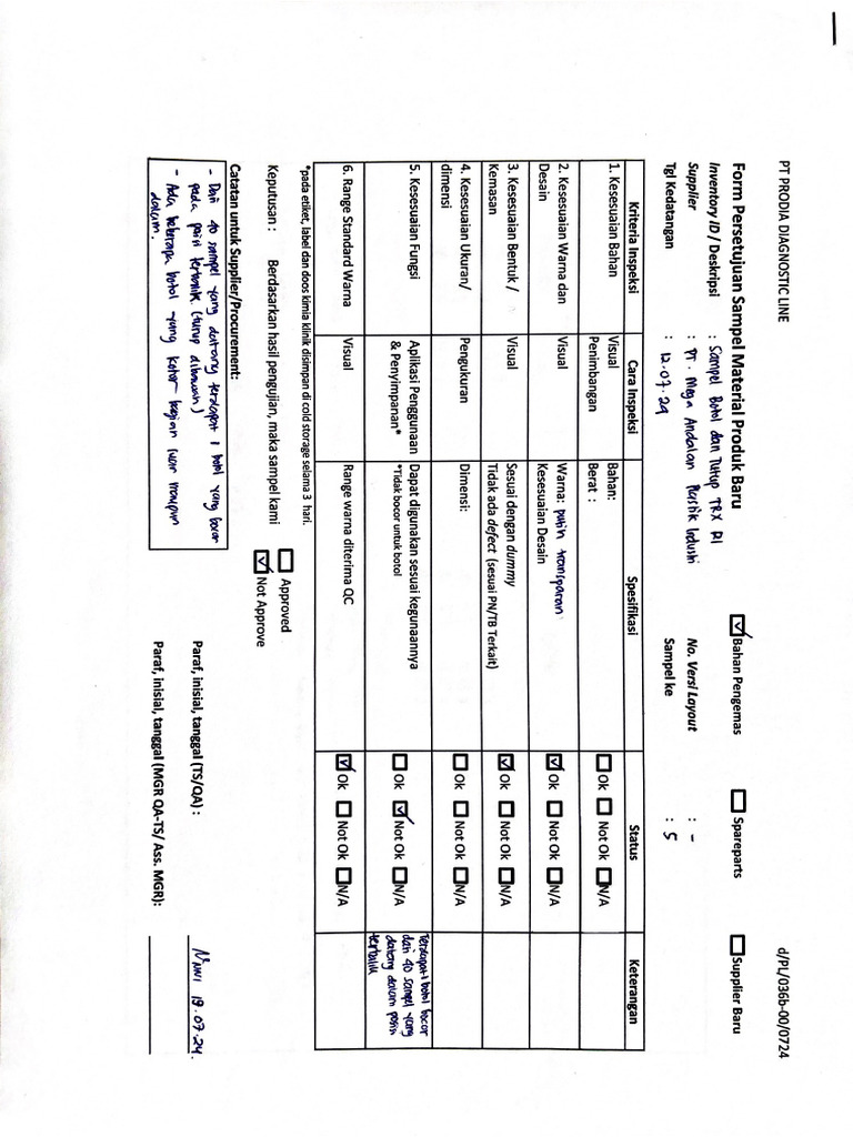 Form Persetujuan Sampel Material Produk Baru | PDF