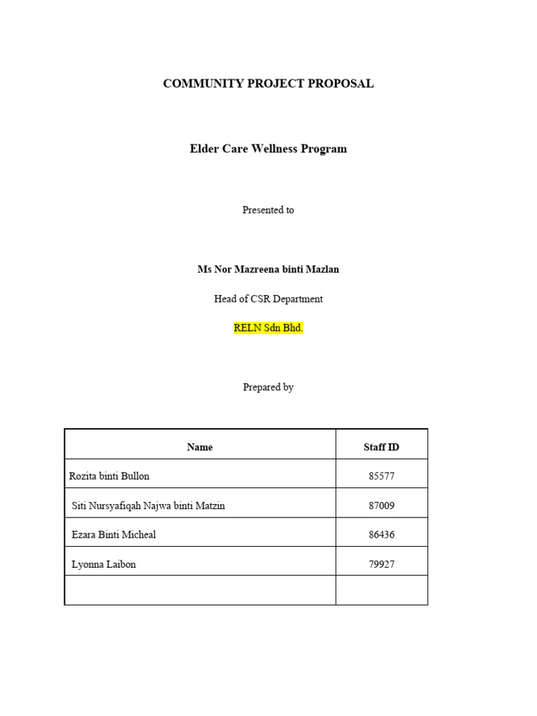Elder Care Wellness Program Proposal | PDF | Elderly Care | Caregiver