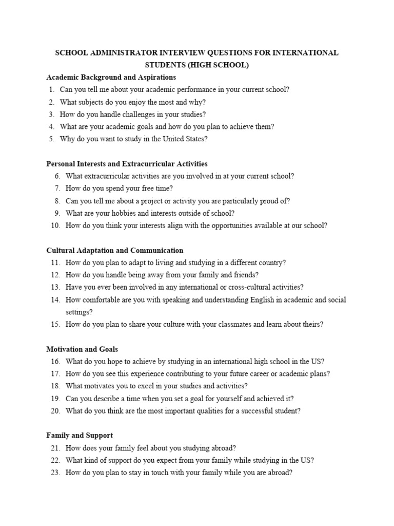 High School Interview Questions for International Students | PDF ...