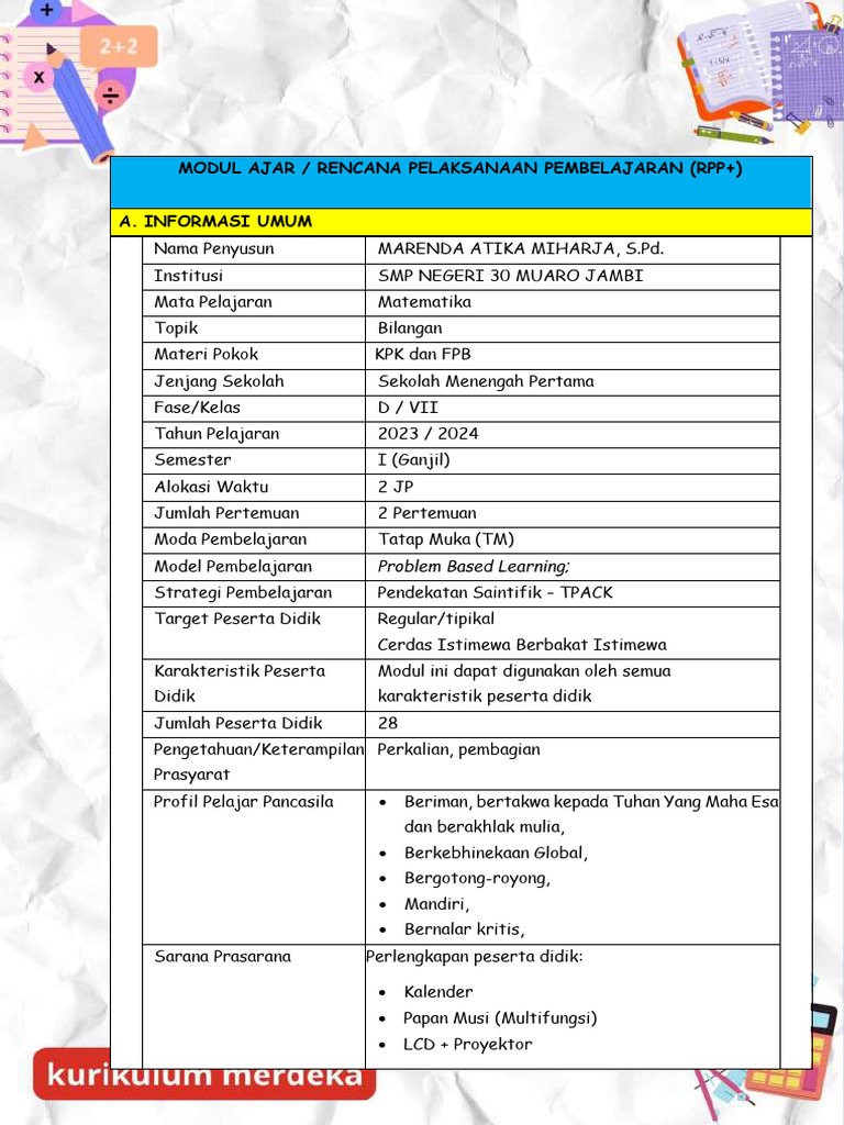 Modul Ajar Matematika - Modul Ajar FPB Dan KPK Kelas 7 Fase D - Fase D ...