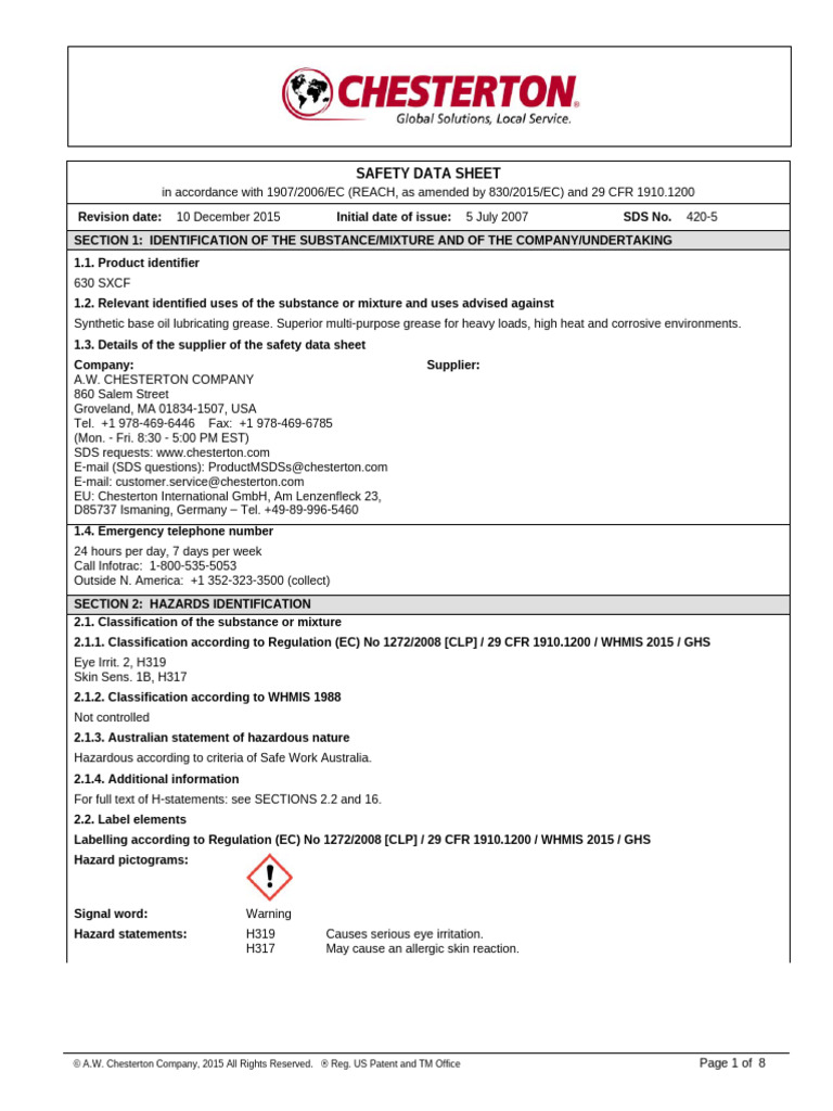 Chesterton 630 SXCF Synthetic Grease MSDS | PDF | Dangerous Goods ...