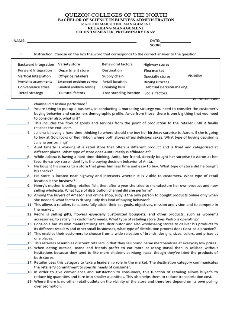 Retail Management Exam Questions | PDF | Retail | Financial Markets