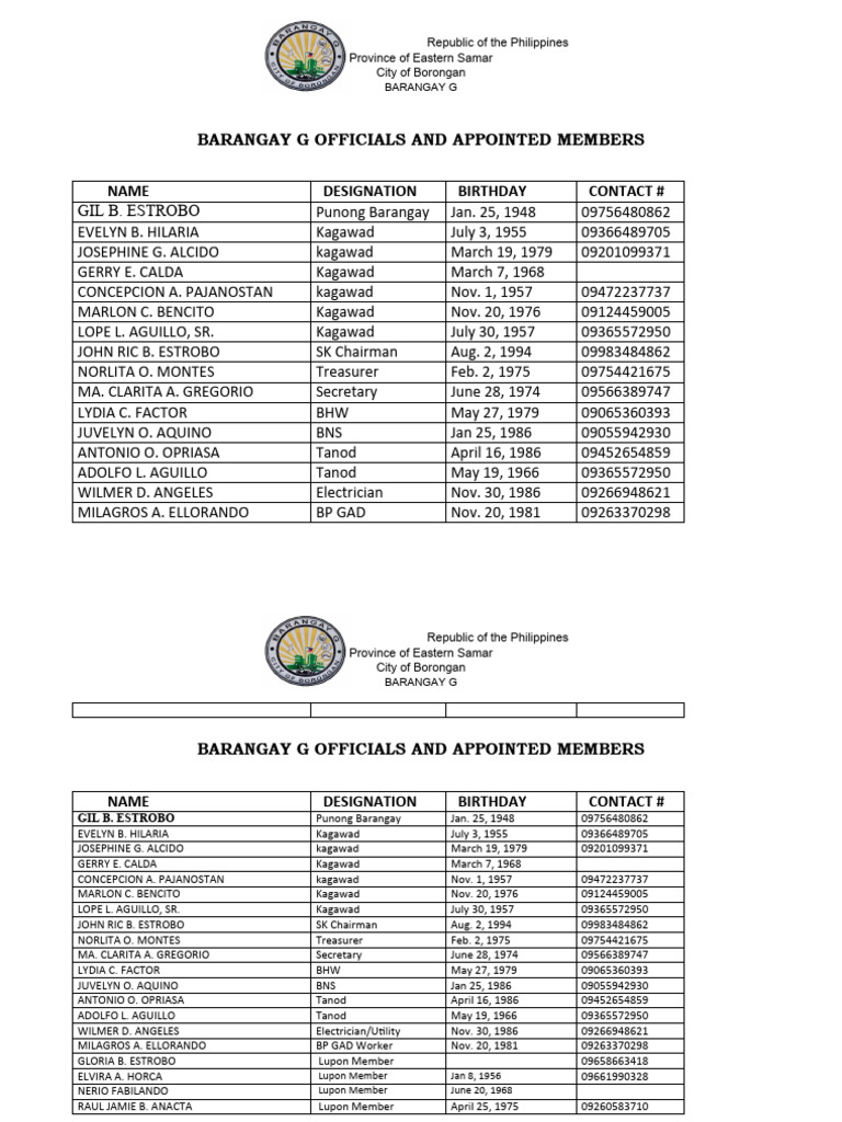 Brgy Officials & Appointed List | PDF