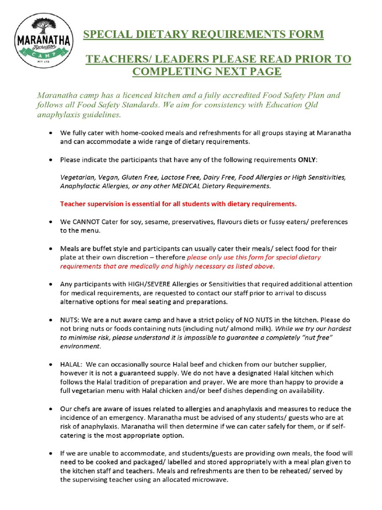 Dietary Requirements Notification 2023 | PDF