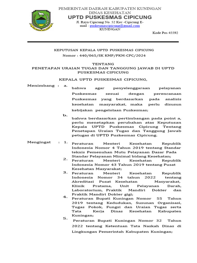 SK Penetapan Uraian Tugas Dan Tanggung Jawab 2024 | PDF