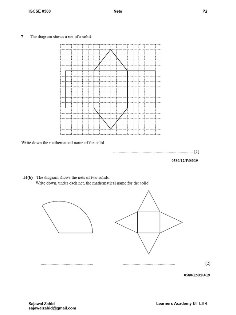 IGCSE 0580 Nets Practice Exercises | PDF | Euclidean Geometry | Geometry
