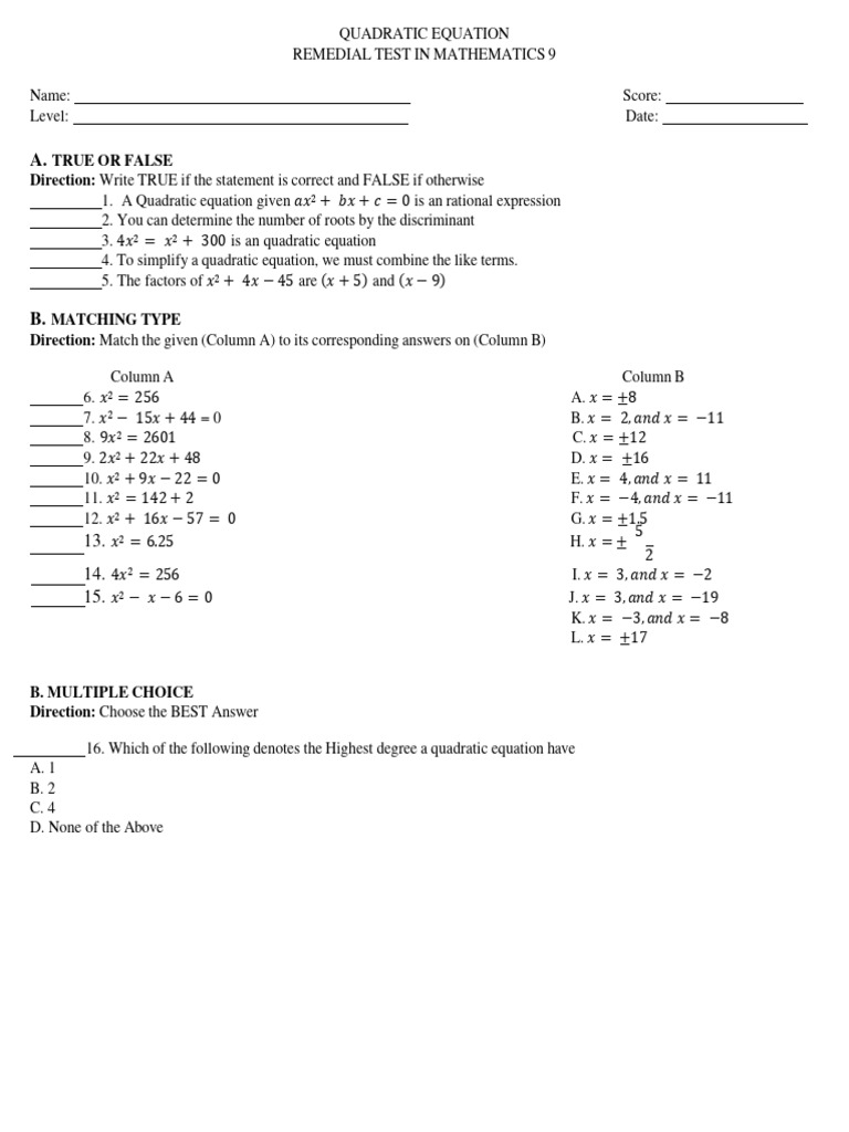 Remedial Quiz 7 in Math 9 - Quadratic Equations | PDF | Quadratic ...