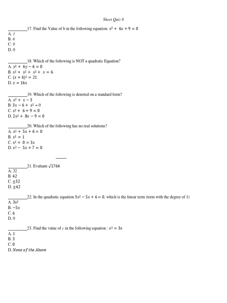 Quadratic Equations Quiz 8 | PDF