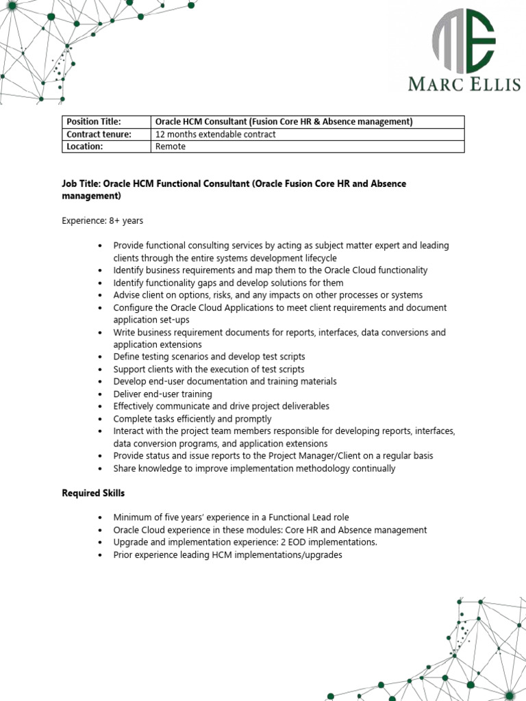 JOB DESCRIPTION - Oracle HCM Consultant | PDF | Consultant | Human ...