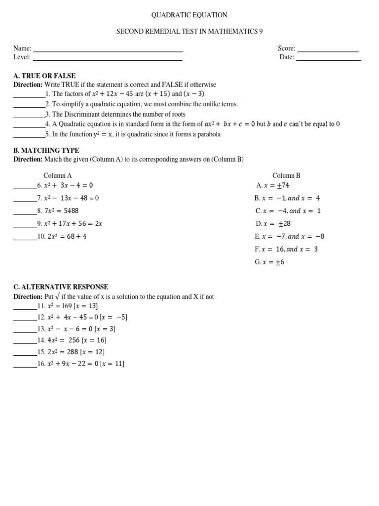 Second Remedial Test in Mathematics 9 | PDF | Quadratic Equation ...