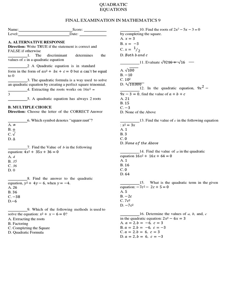 Final Examination in Mathematics 9 | PDF | Quadratic Equation | Equations