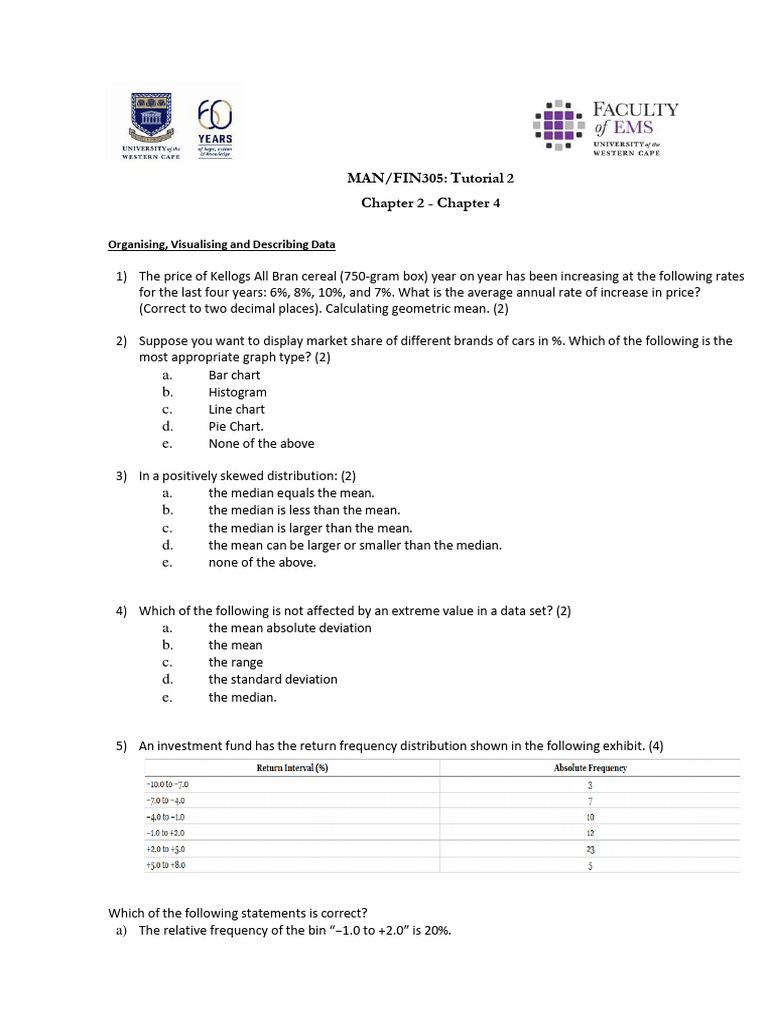 FIN-MAN305 Tutorial 2 - Chapter 2 - Chapter 4 | PDF | Mean | Median
