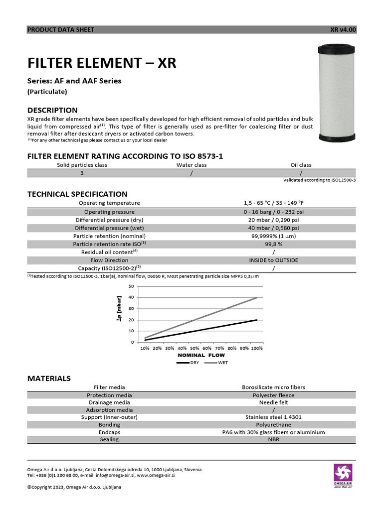 Omega Air Product Data Sheet Filter Element XR AF and AAF v4.00 | PDF | Filtration | Materials