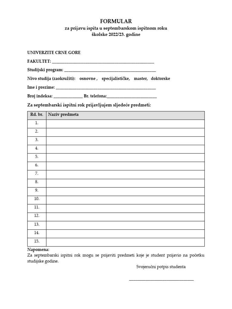 FORMULAR Za Prijavu Ispita | PDF