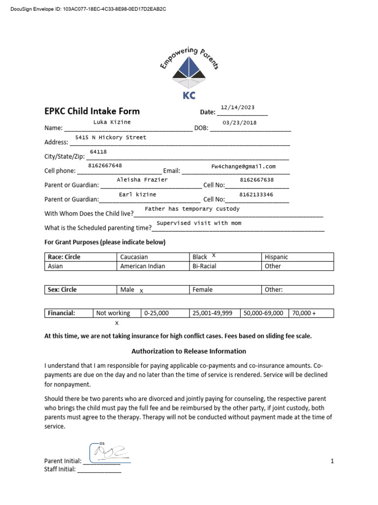 Complete With DocuSign Child Intake Aleisha | PDF | Psychotherapy ...