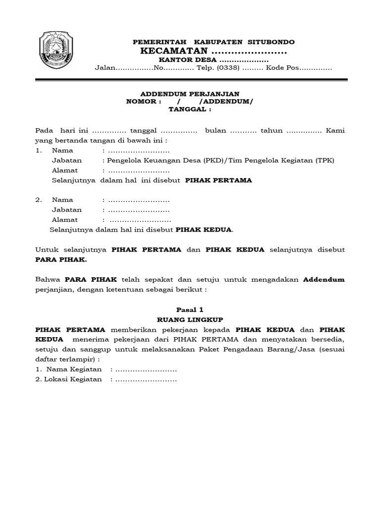 Contoh Addendum Perjanjian PBJ Desa | PDF