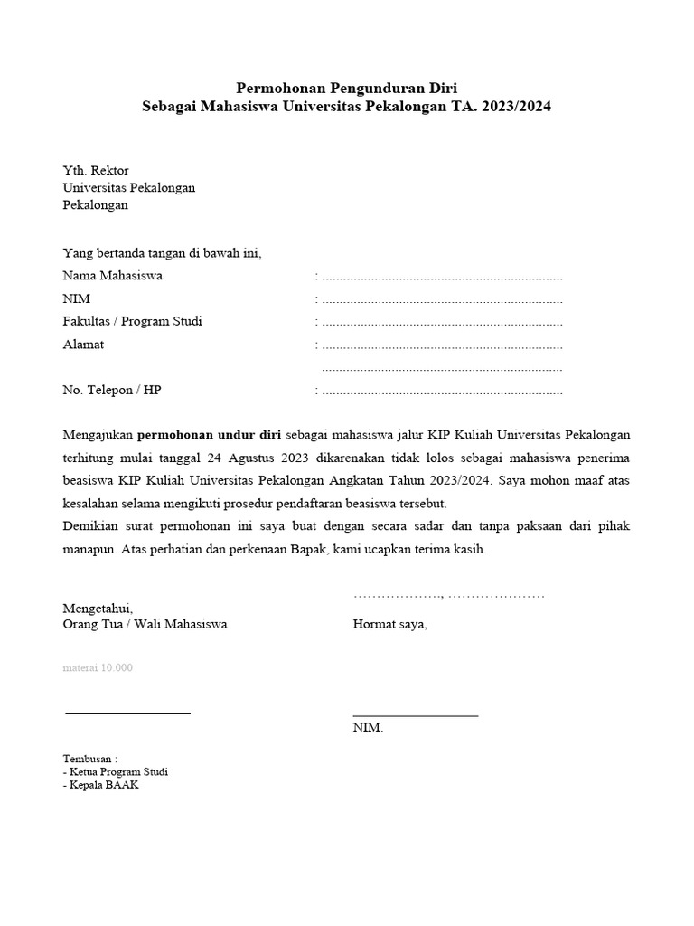 Surat-Pengunduran-Diri-Sebagai-Mahasiswa-KIP-K | PDF