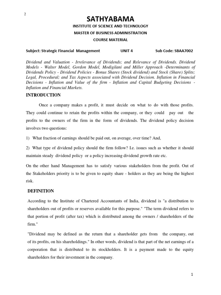 SFM UNit 4 Course Material | PDF | Dividend | Stocks