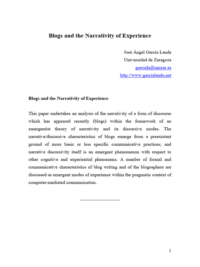 Blogs and The Narrativity of Experience | PDF | Narrative | Time