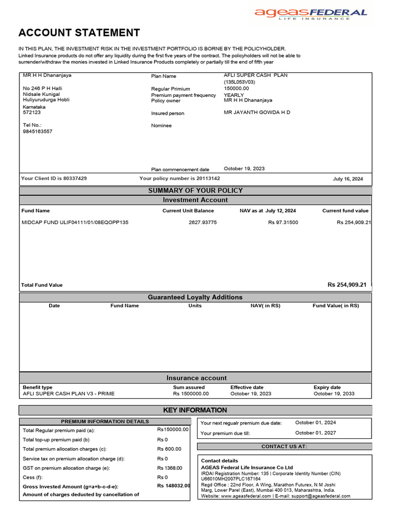 Account Statement 20240716031347 20113142 | PDF | Insurance | Payments