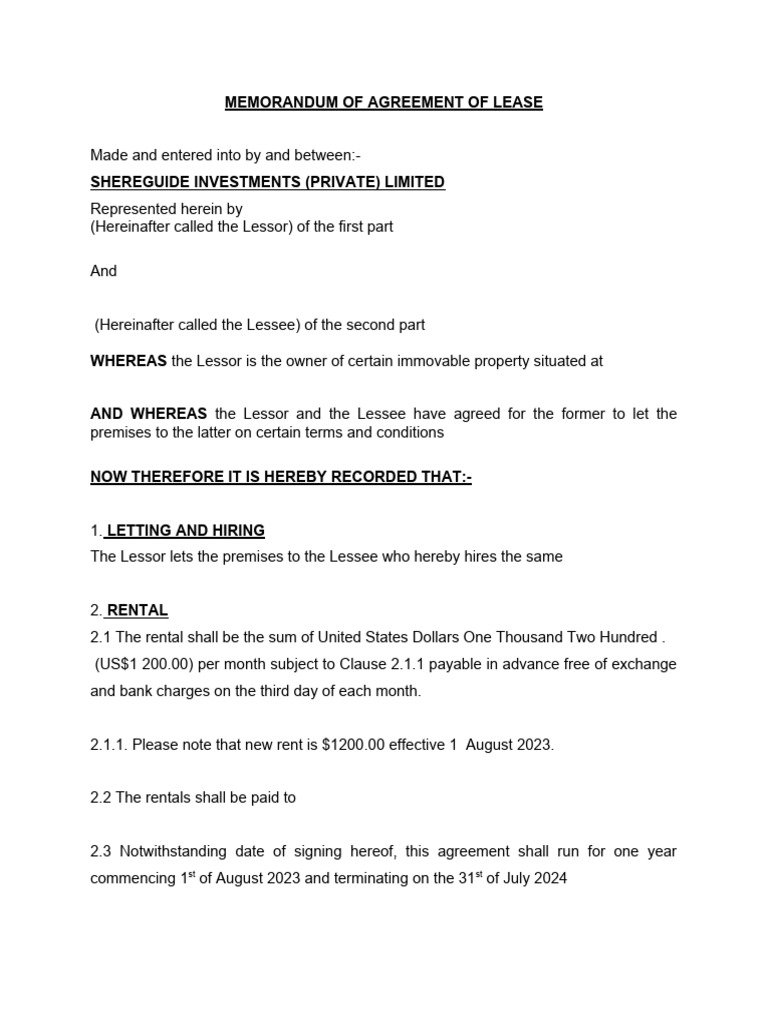 Memorandum of Agreement of Lease Sample | PDF | Lease | Civil Law ...