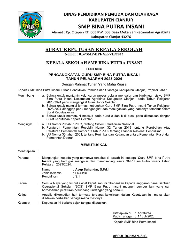 Contoh SK Pengangkatan Guru Honor | PDF