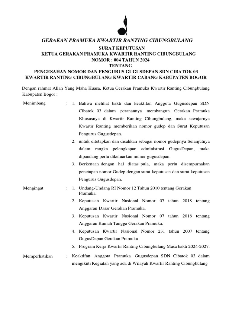 SK Nomor Gudep Dan Pengurus Gudep SDN Cibatok 03 | PDF | Pengelolaan Keuangan & Uang