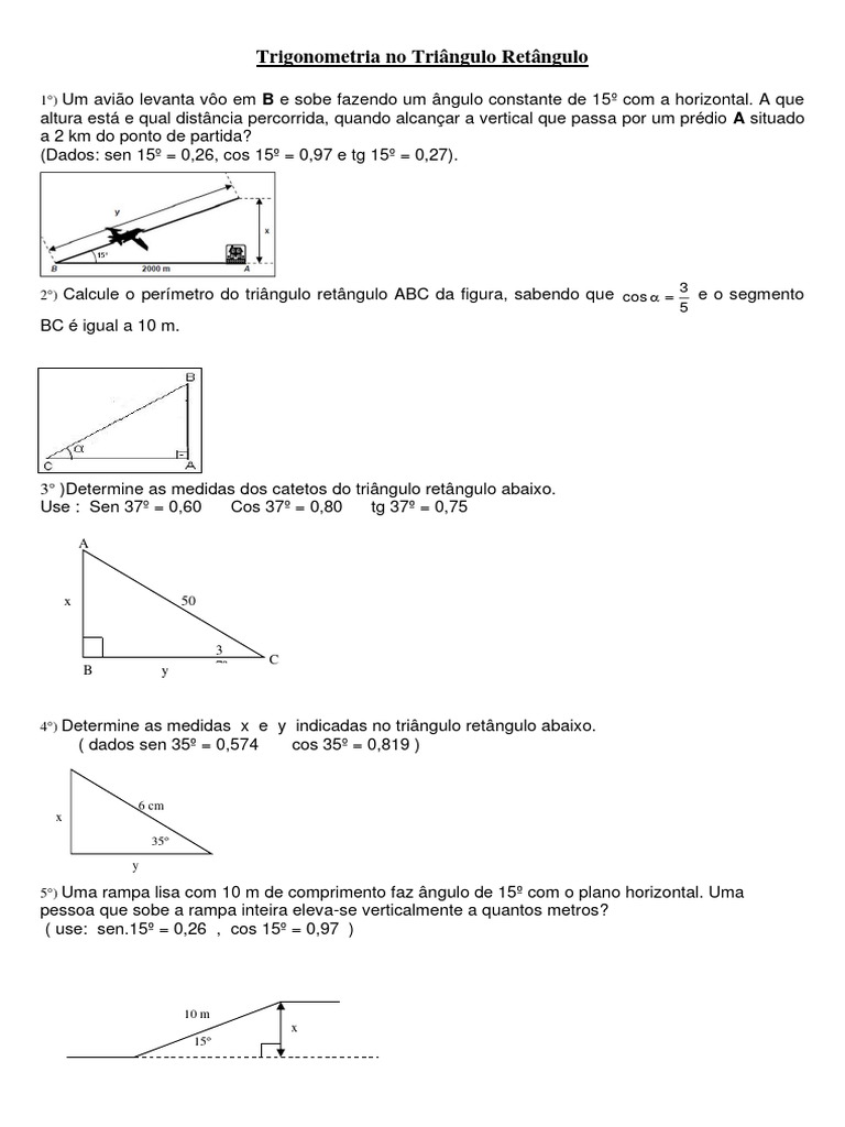 Lista de Exercícios - Trigonometria No Triângulo Retângulo | PDF | Triângulo | Trigonometria