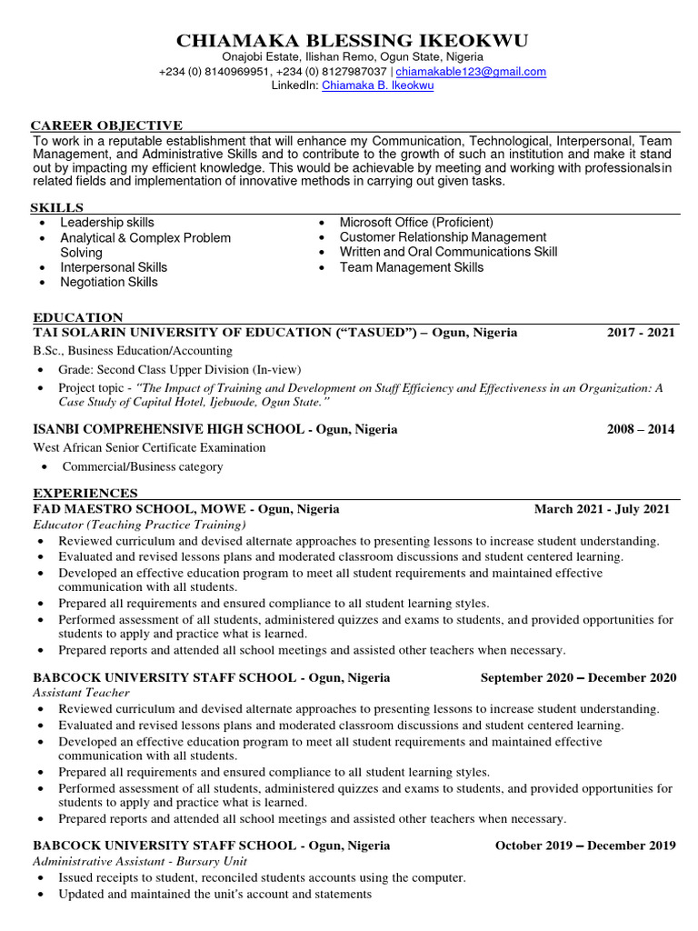 Chiamaka Blessing Ikeokwu - Curriculum Vitae | PDF | Lesson Plan | Teachers