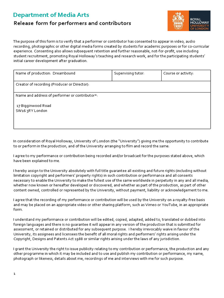Release Form For Performers and Contributors 200820 | PDF | Copyright | Classified Information