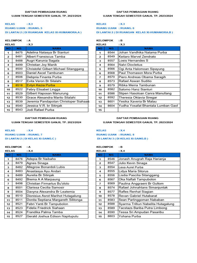 Pembagian Ruang Ujian Tengah Semester Ganjil TP 2023-2024 | PDF